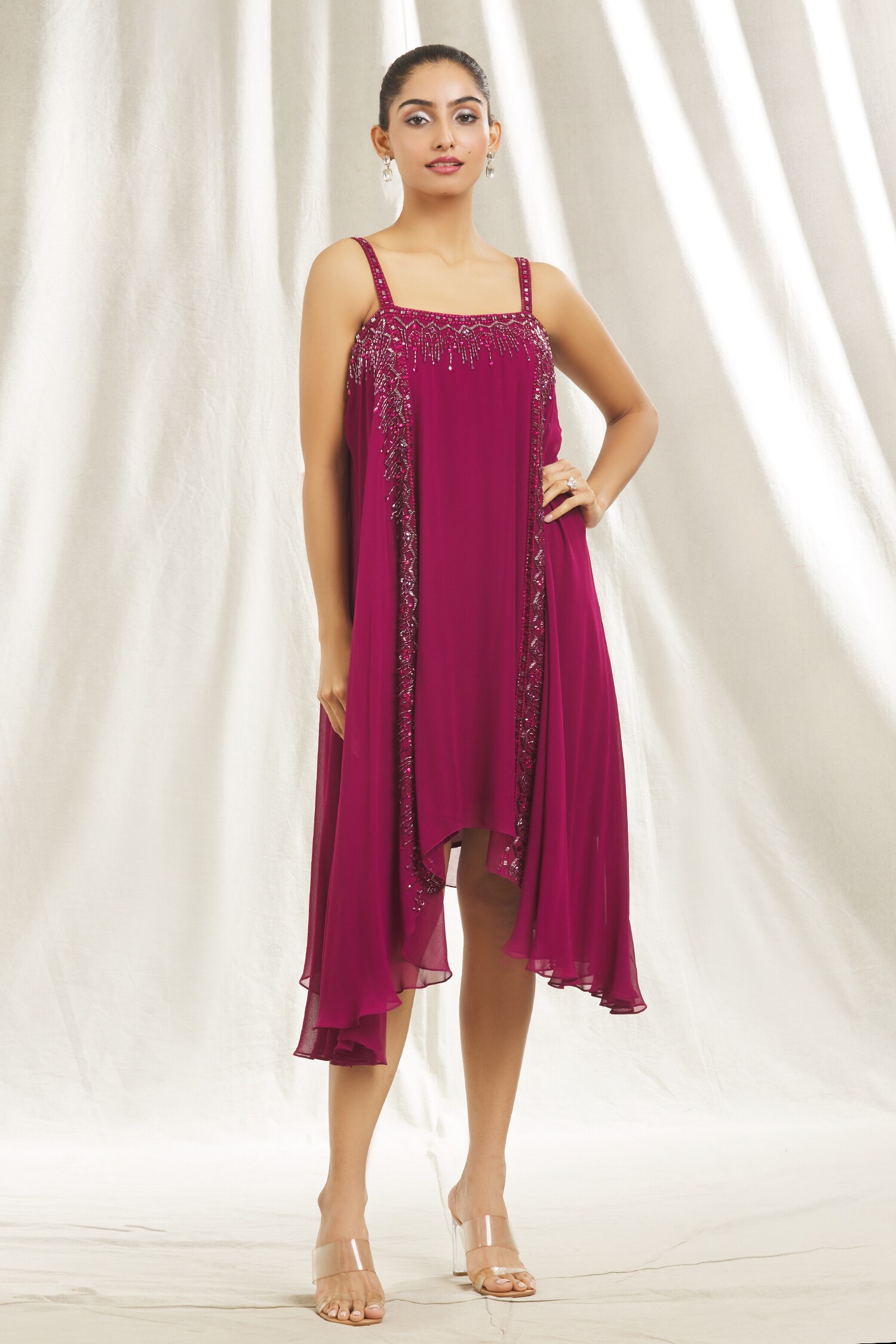 Buy Magenta Georgette Embroidered Crystal Square Flared Embellished ...