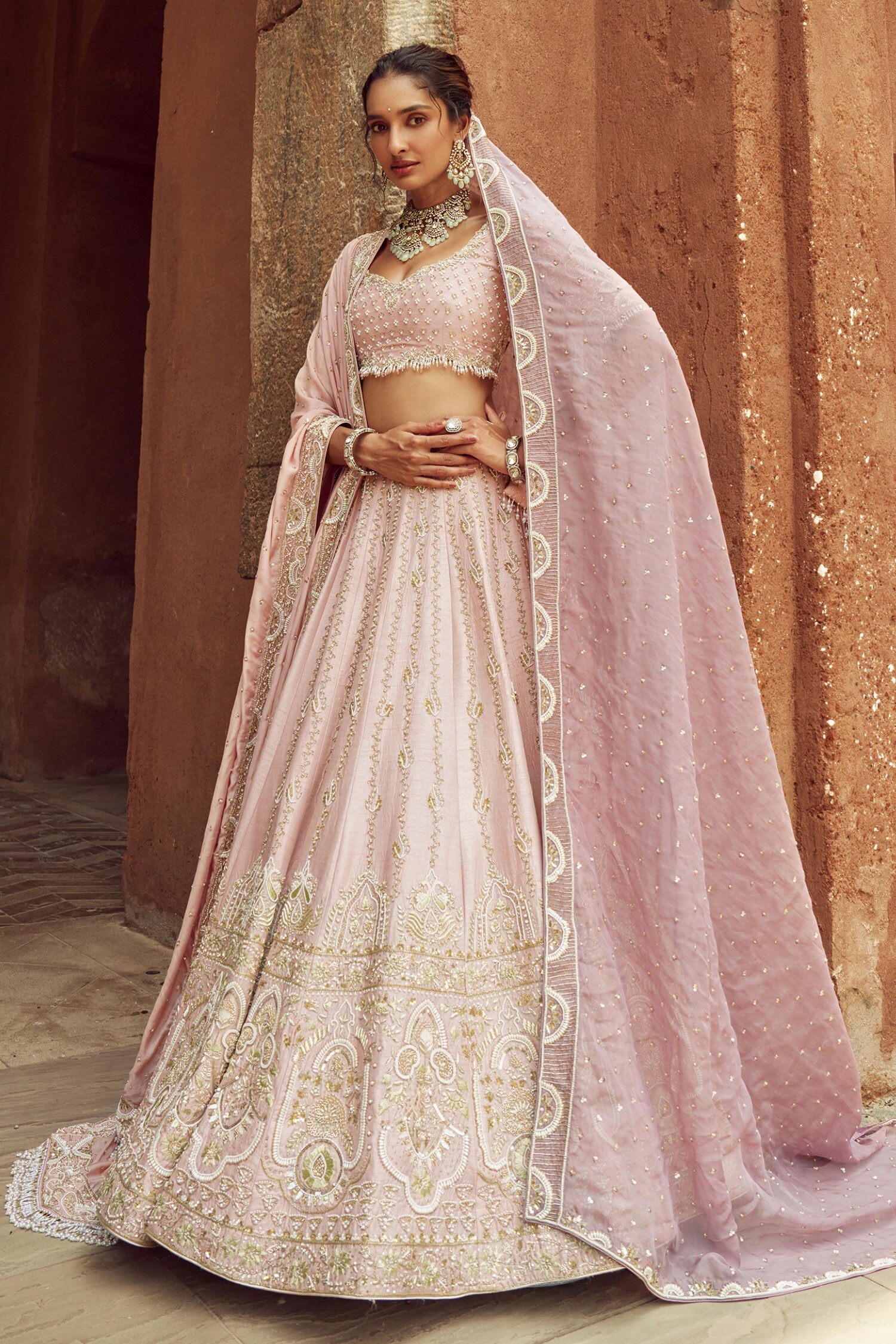 Buy Pink Silk Embroidery Cutdana Paisley Bloom Moti Lehenga Blouse Set ...