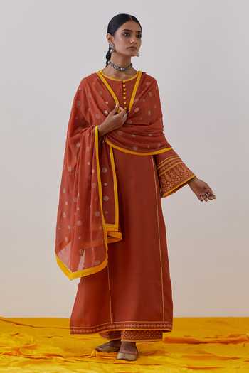 Buy TIC Orange Cotton Slub Beas Hand Block Print Straight Kurta Palazzo ...