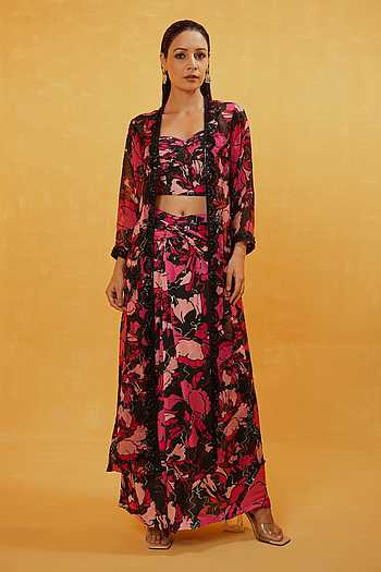 Buy Kauza Multi Color Bralette Shirin Blossom Print Cape Skirt Set ...