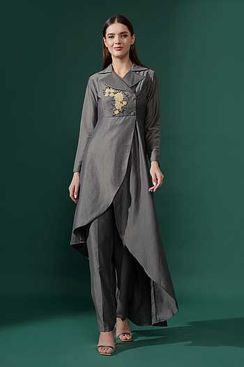 Buy Aakaar Grey Cotton Silk Flora Applique Blazer Kurta With Pant ...