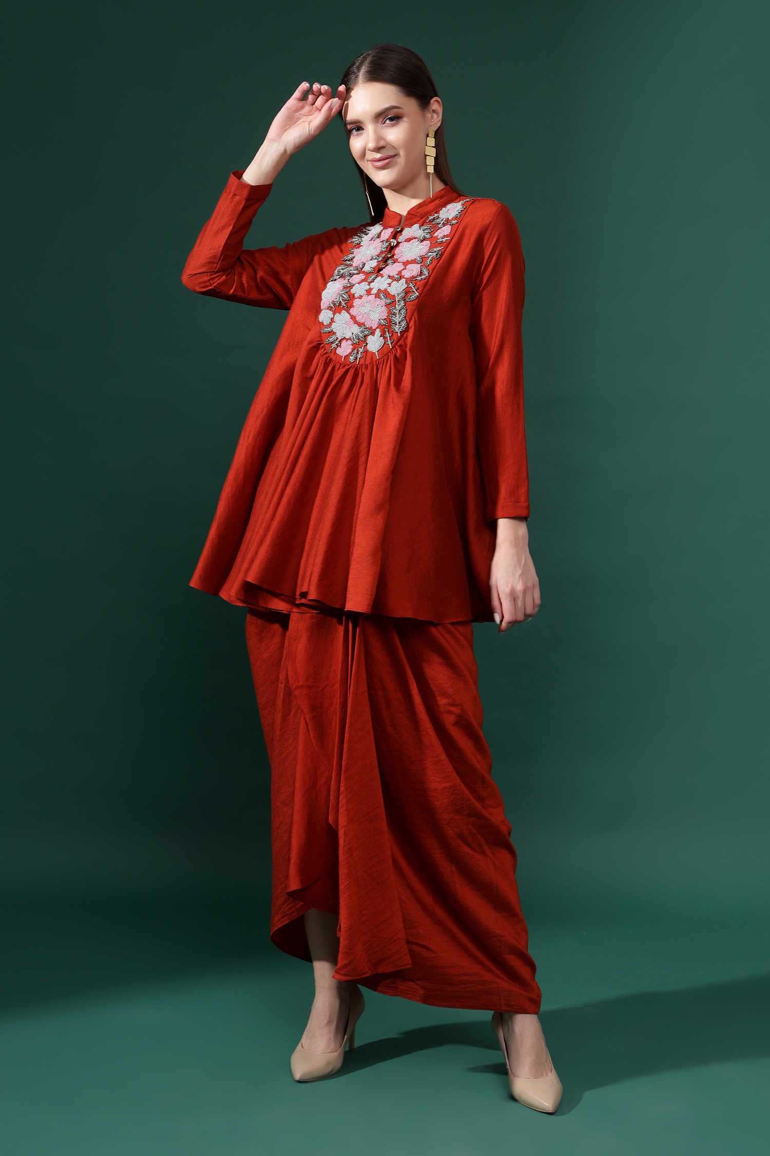 Buy Orange Cotton Silk Blossom Yoke Tunic Kurta With Draped Skirt For ...