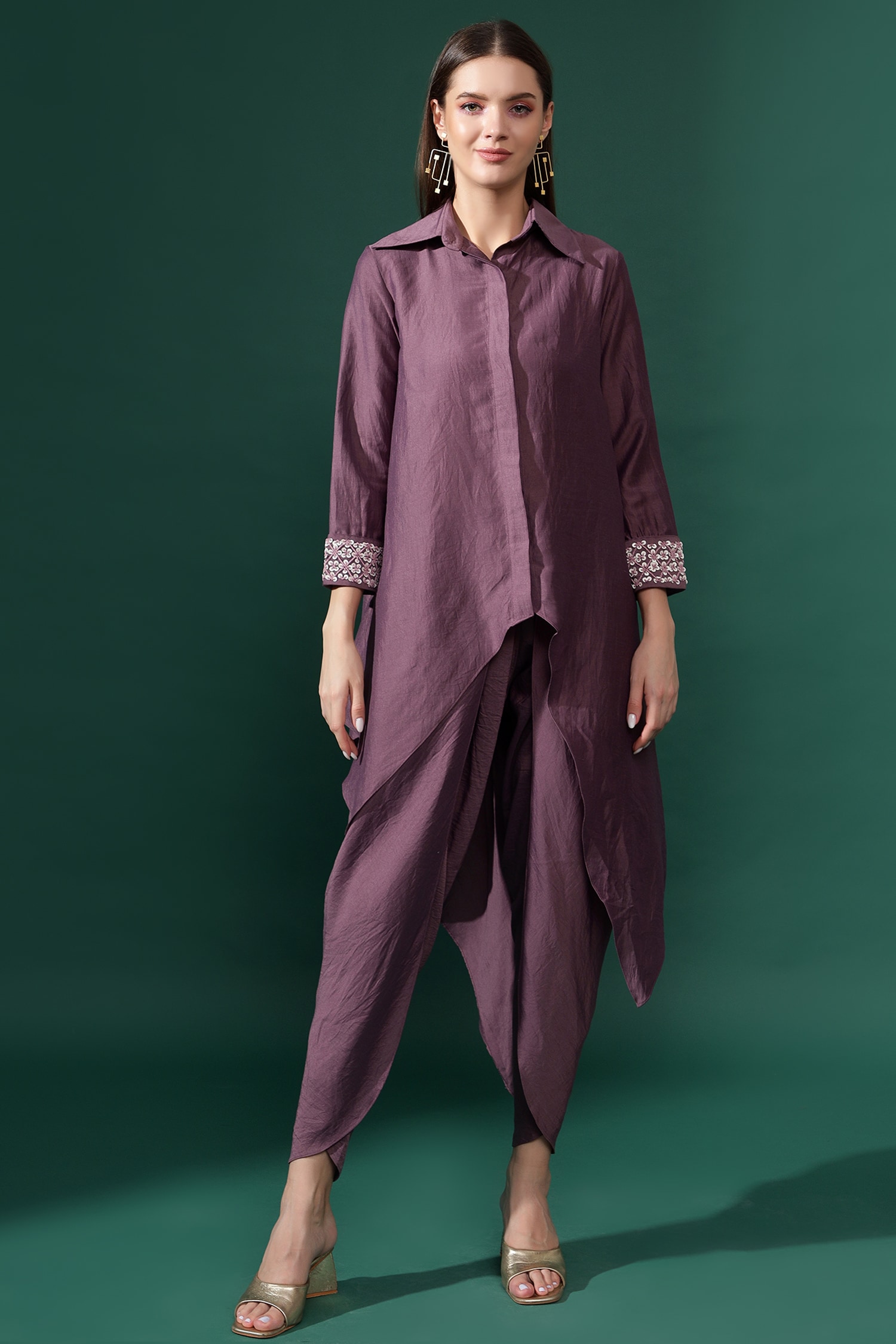 Buy Purple Cotton Silk Embroidery Flora Cuff Tunic Kurta With Draped ...