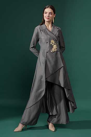 Buy Grey Cotton Silk Embroidery Beaded Blazer Kurta With Flared Pant ...