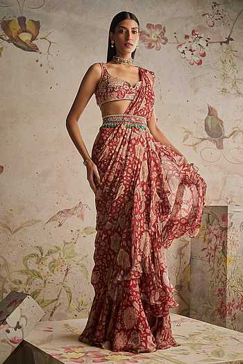 Buy Ridhi Mehra Red Glamour Floral Print Saree Set Online | Aza Fashions