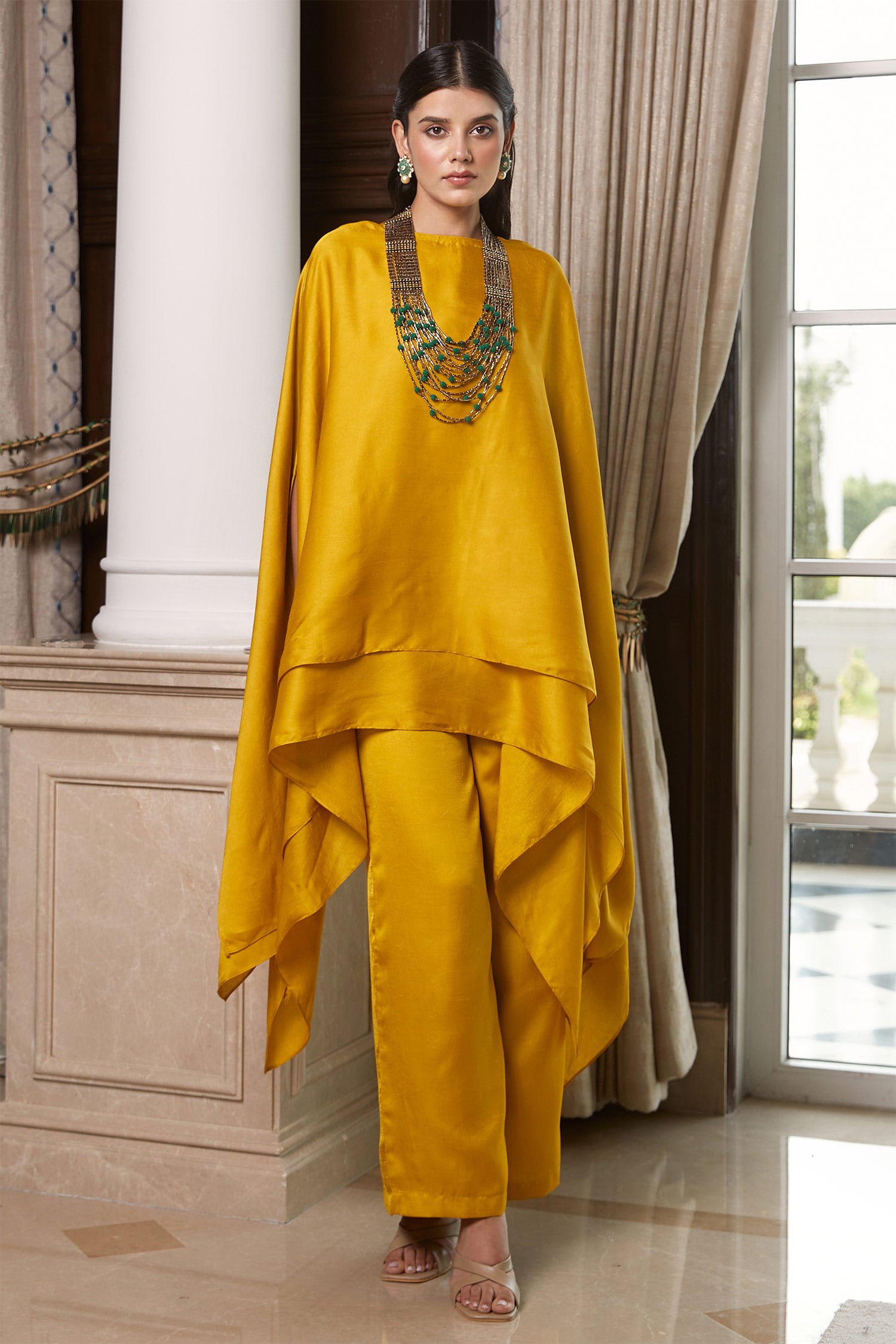 Buy Yellow Crushed Blended Silk Plain Boat Layered Cape Top And Pant ...