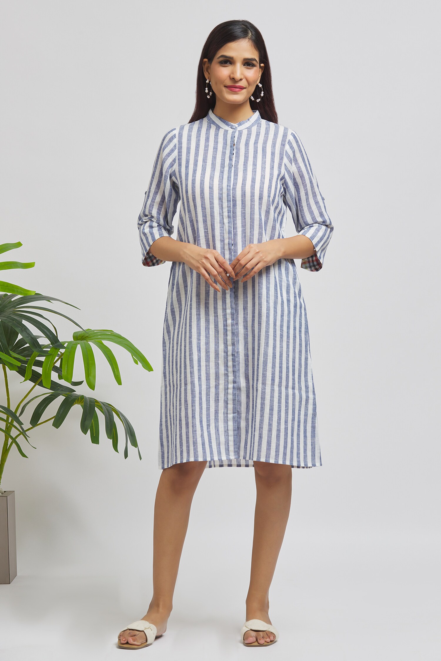 Buy Multi Color 100 % Cotton Stripe Mandarin Collar Pattern Dress For ...