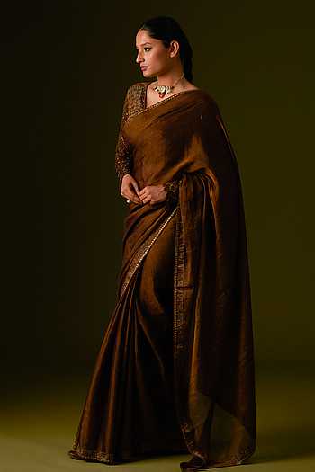 Buy Aurul Brown Zari Striped And Pitta Work Saree With Blouse Online ...