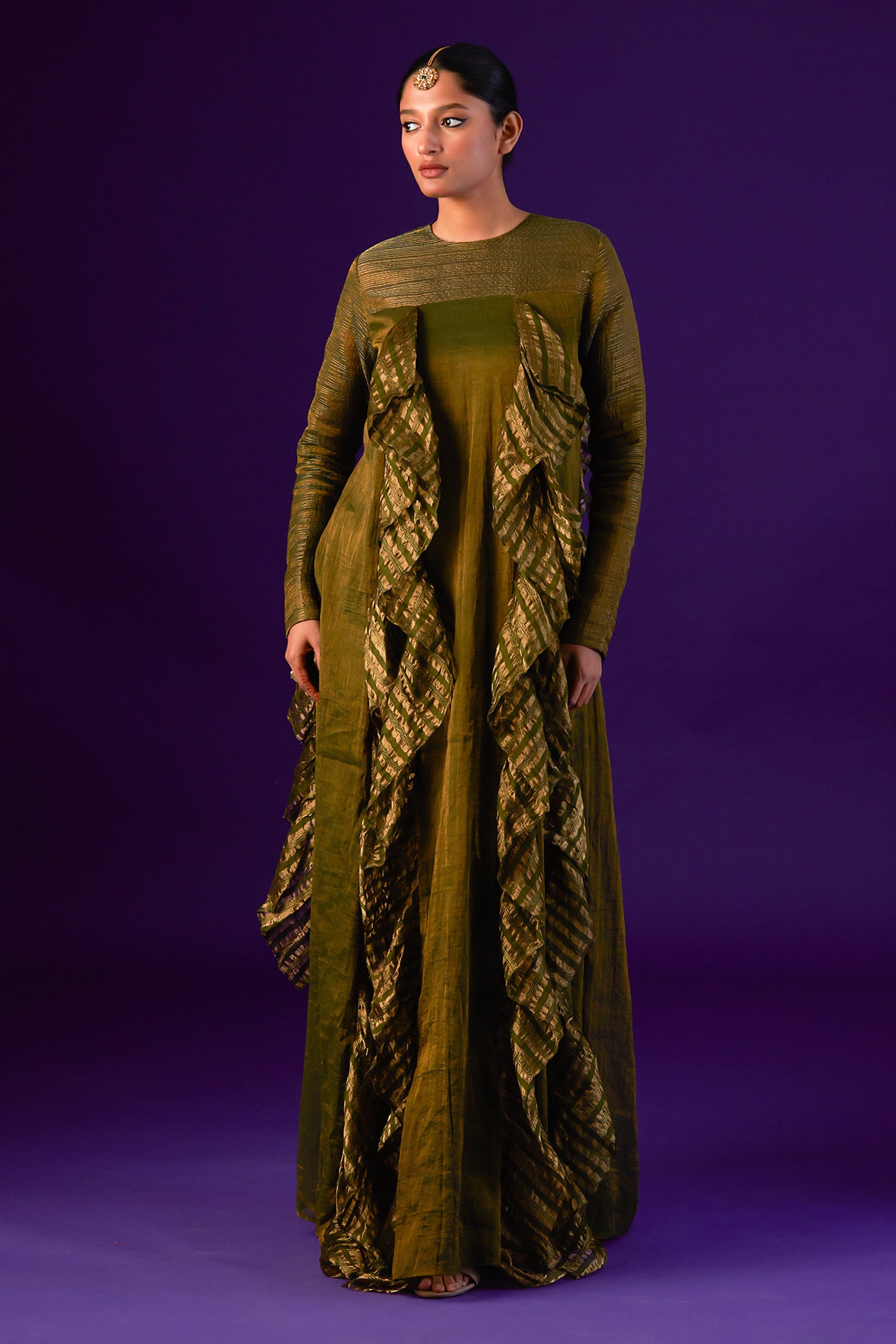 Buy Aurul Green Zari Striped Frill Godets Anarkali Online | Aza Fashions