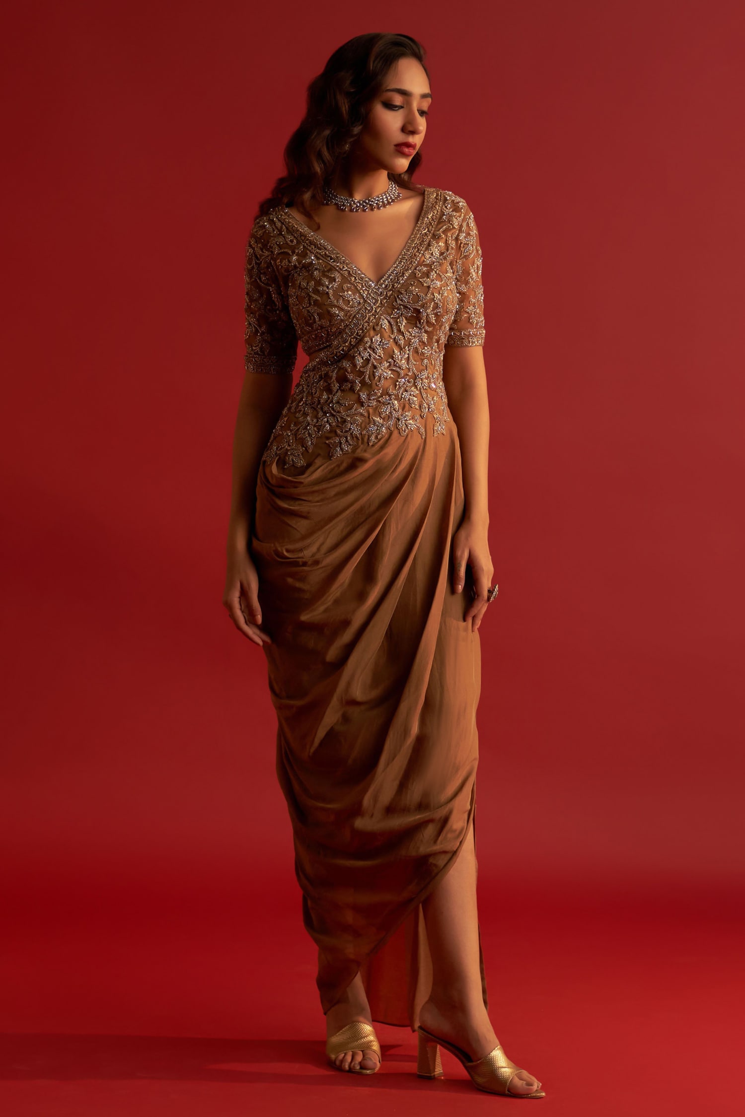 Buy Reeti Arneja Gold Organza Zardozi Embroidered Draped Saree Gown ...