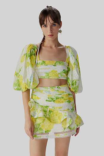 Buy White Self Cotton Dobby Woven Leaf Square Neck Print Crop Top For ...