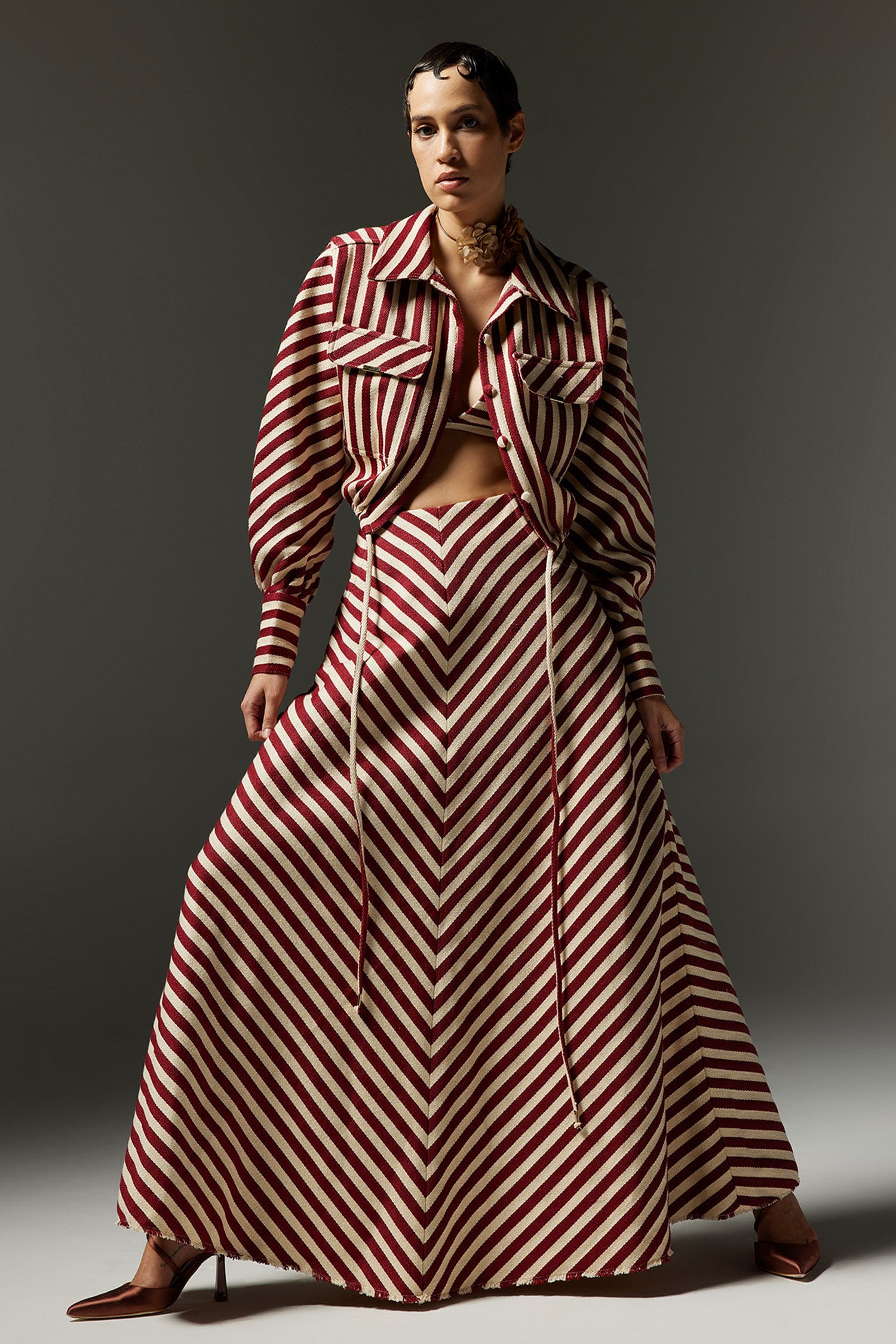 Buy The Iaso Maroon Jacquard Bria Stripe Pattern Shacket Online | Aza ...