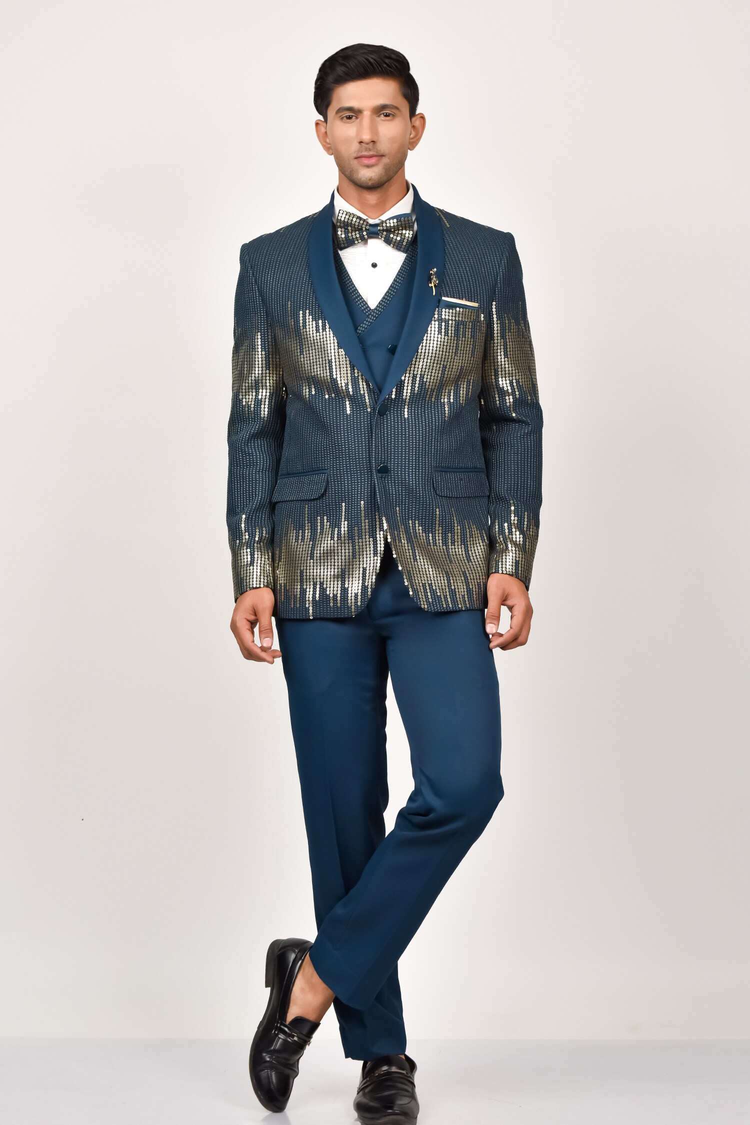 Buy Blue Crepe Embroidered Sequin And Thread Work Jacket Pant Set For ...