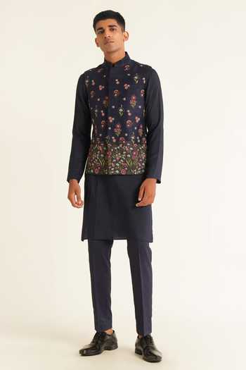 Buy Dhruv Vaish Blue Silk Flower Pattern Jawahar Jacket Online | Aza ...