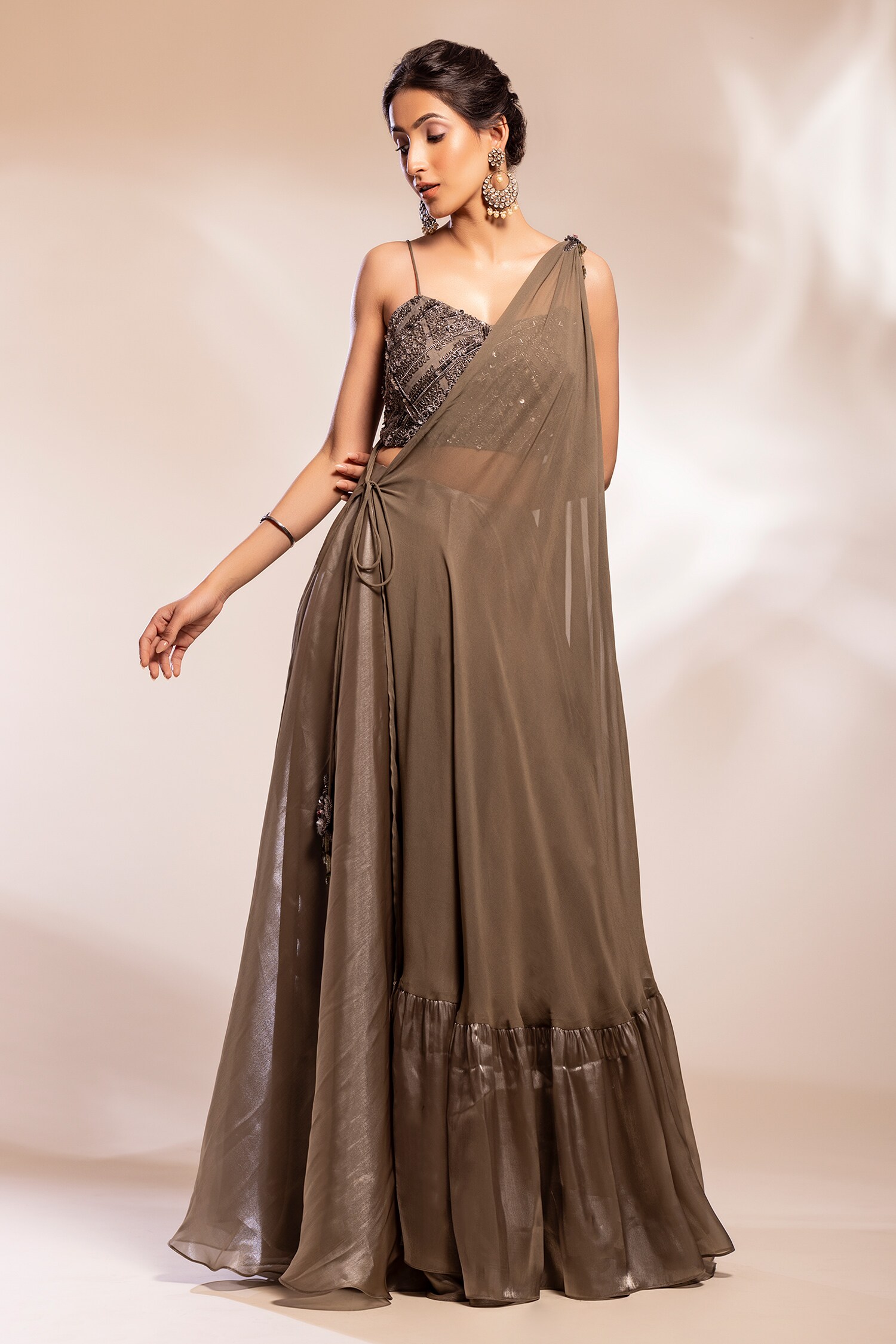 Buy Grey Lehenga Glass Shimmer Organza Hand One-shoulder Long Cape Set For Women by GEE SIN by ...