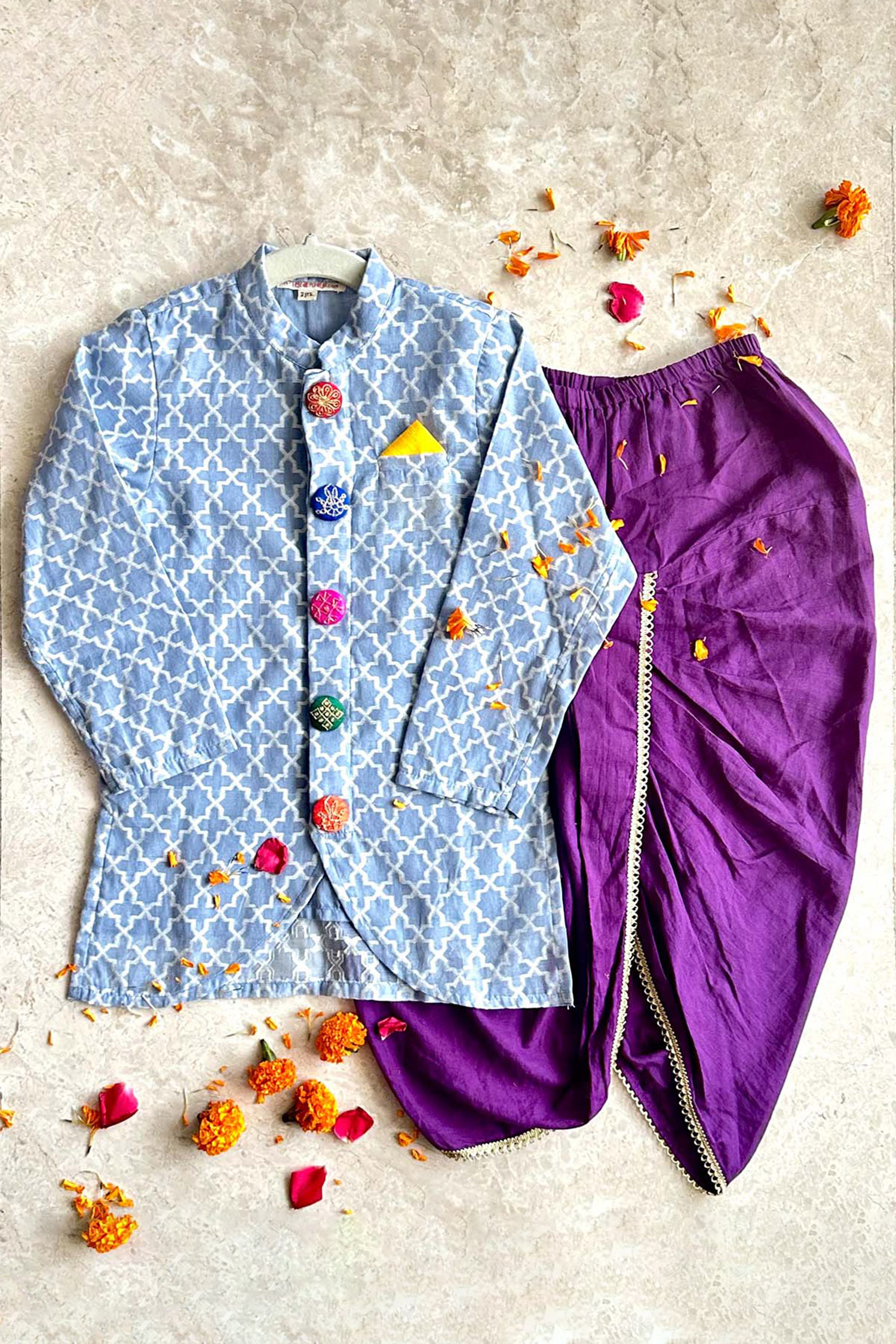 Buy Khela Blue Abstract Pattern Sherwani And Purple Dhoti Pant Set For ...