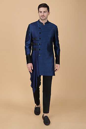 Buy Manish Nagdeo Blue Asymmetric Draped Bandhgala And Pant Set Online ...