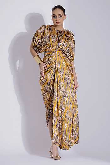 Buy Yellow Georgette Satin Digital Print Geometric Hand Draped Kaftan ...