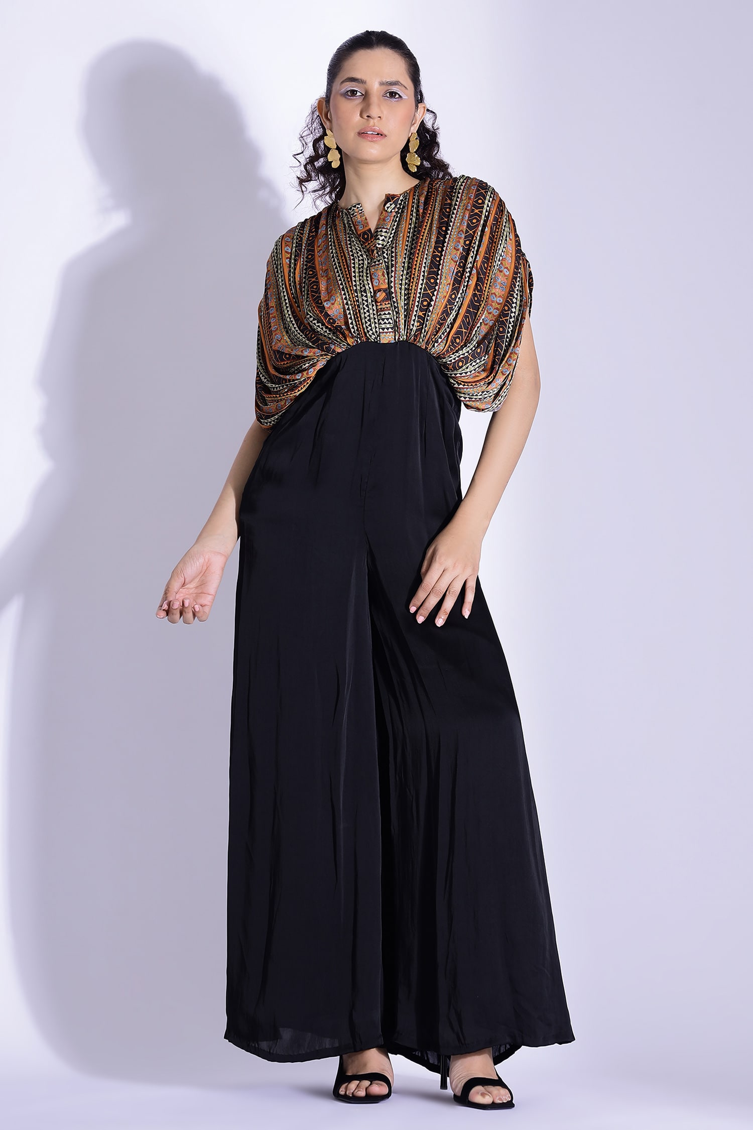 Buy Black Georgette Satin Placement Print Abstract Notched Bodice ...