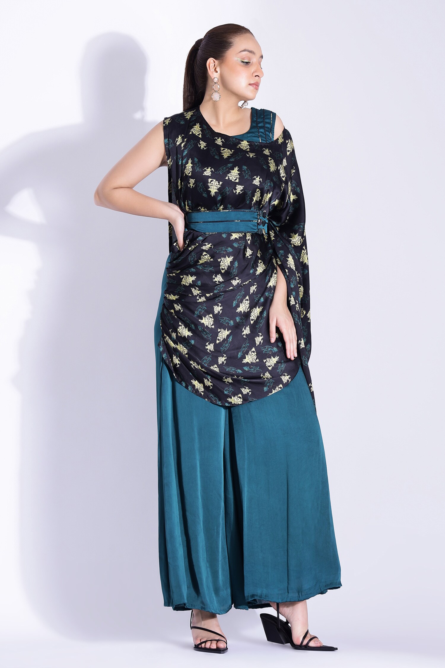 Buy Green Georgette Satin Digital Pant Saree With Embroidered Blouse ...