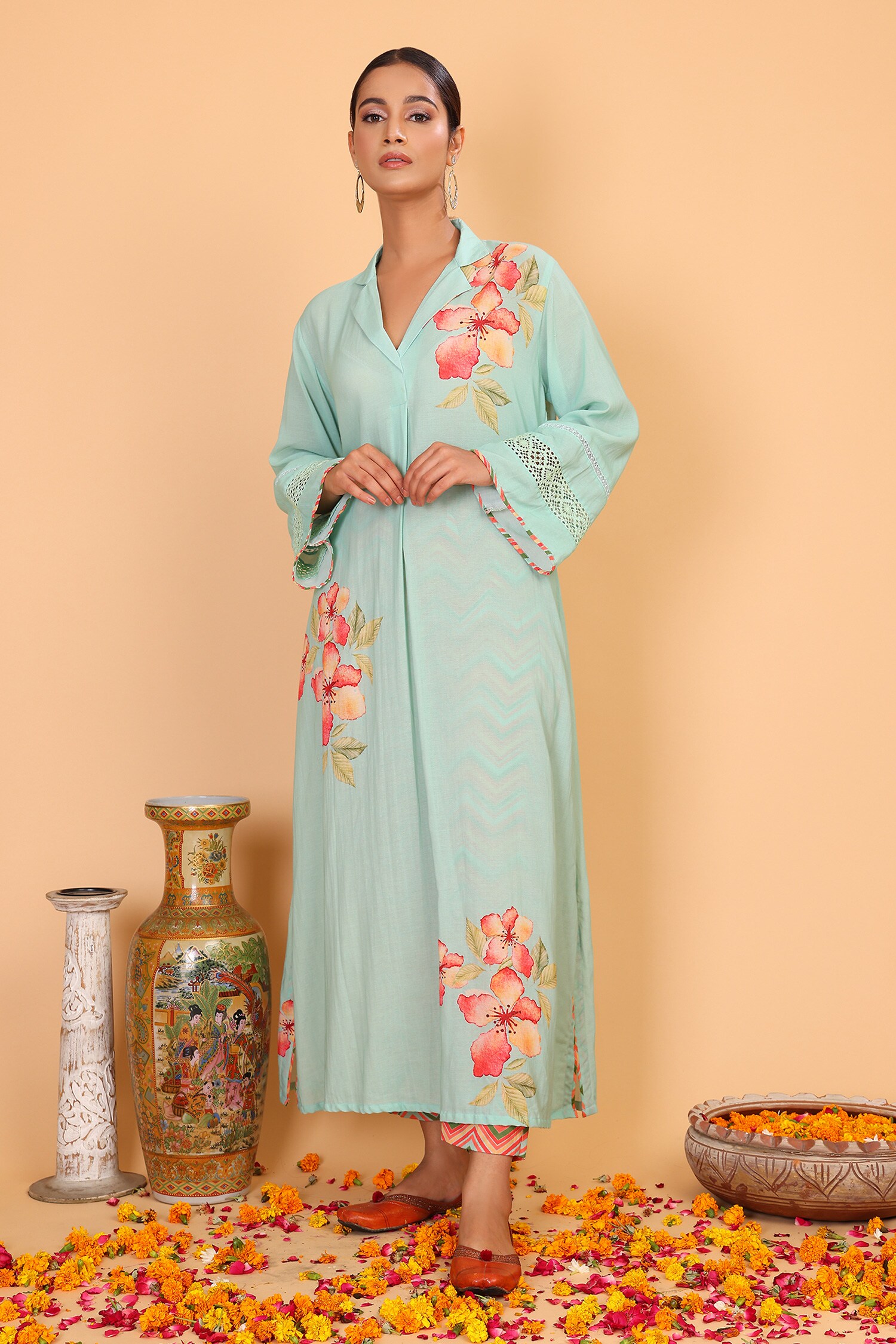 Buy Nazar by Indu Blue Cotton Georgette Floral Pattern Shirt Kurta And ...