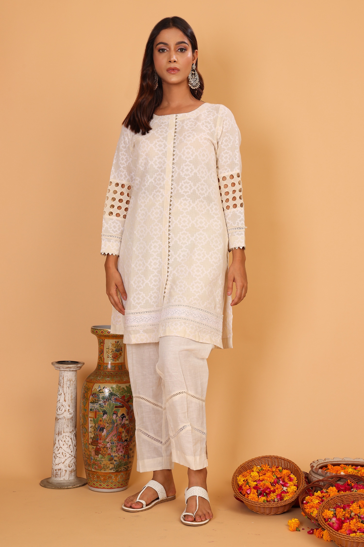 Buy Off White Cotton Round Cutwork Sleeve Kurta And Pant Set For Women ...