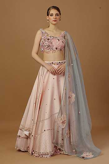 Buy Merge Design Pink Blouse Asymmetric Layered Embroidered Lehenga Set ...
