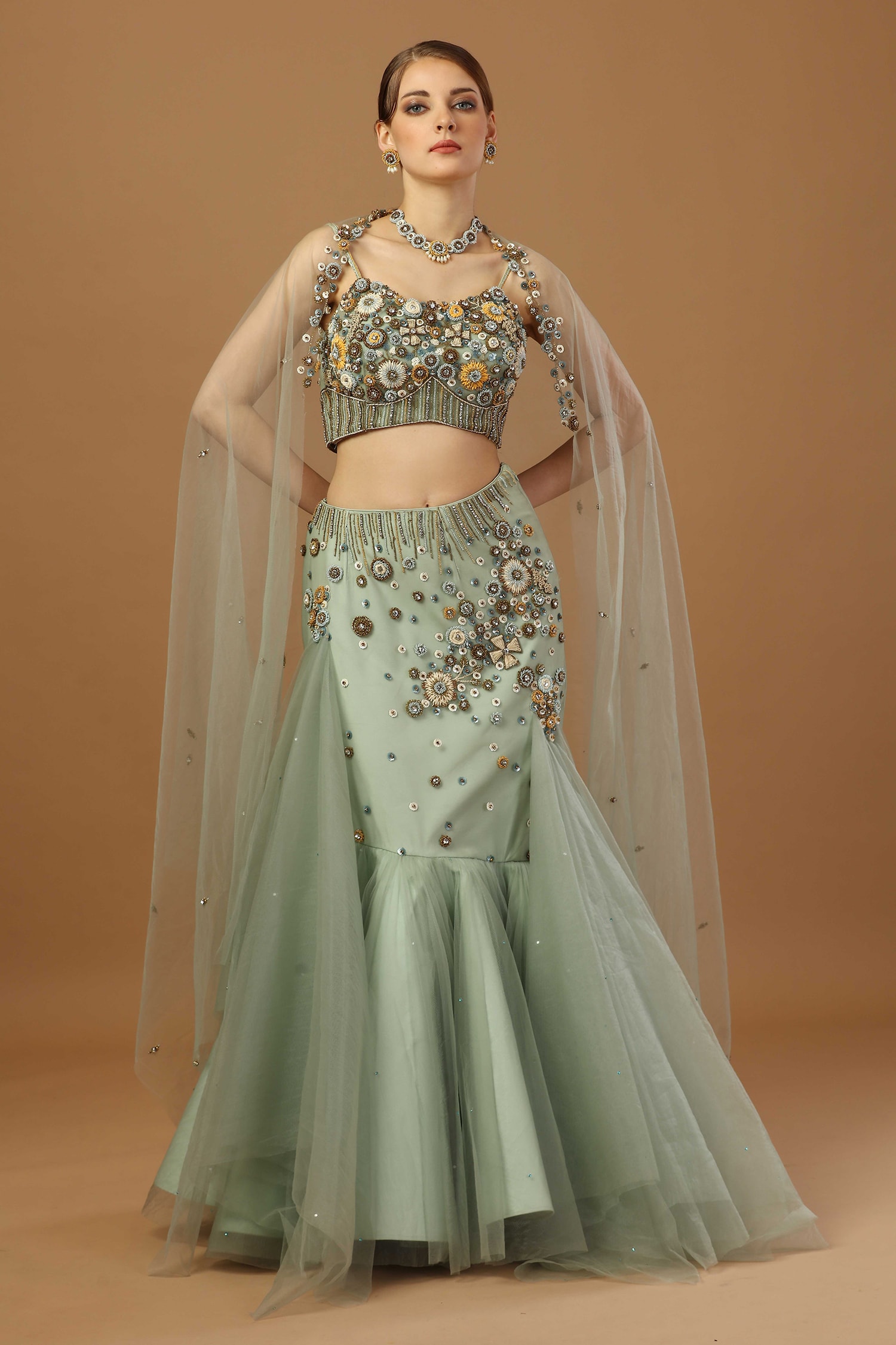 Buy Merge Design Green Net Fish Cut Lehenga Embroidered Blouse Set ...