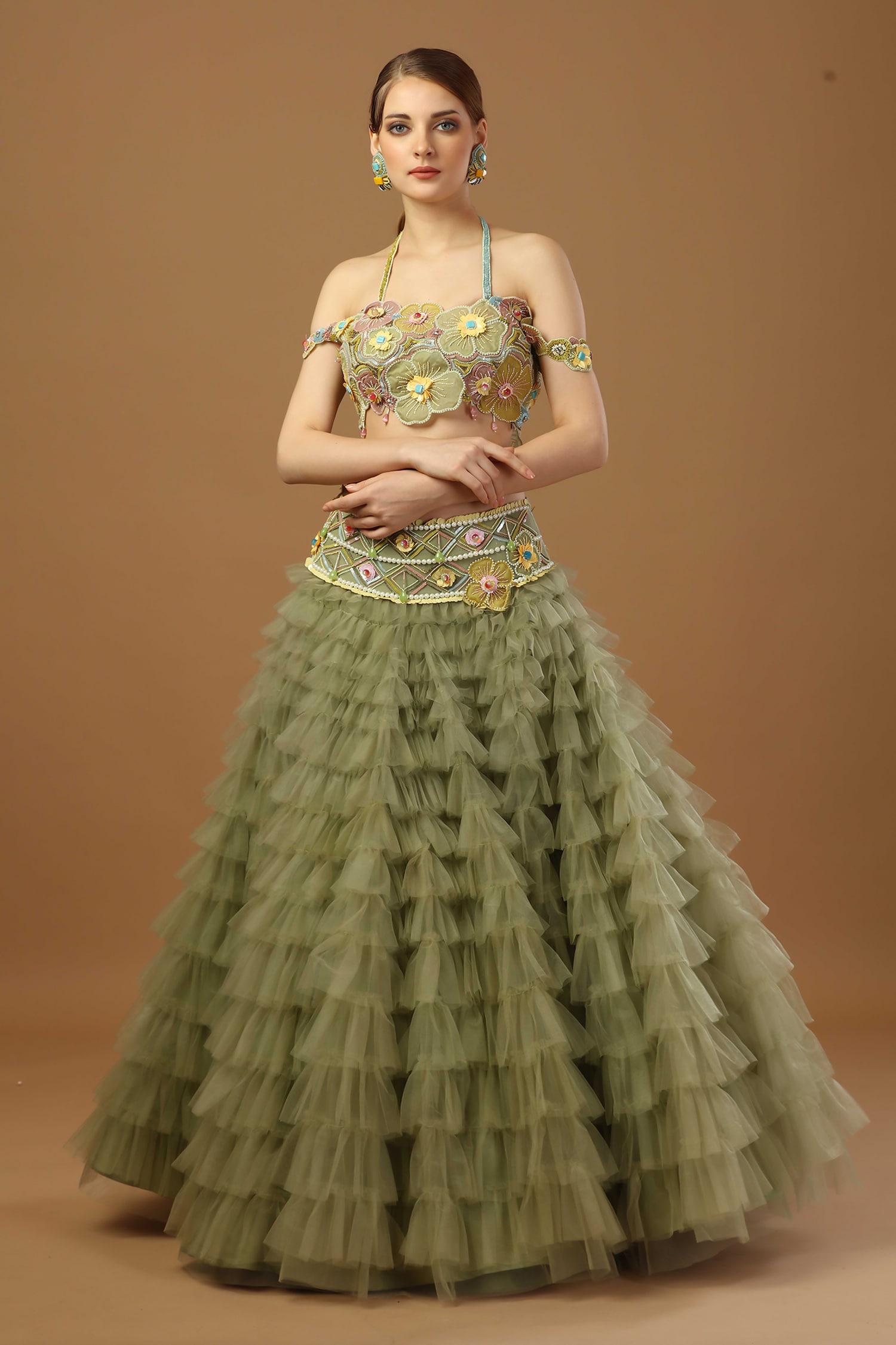 Buy Merge Design Green Net Frill Skirt With Floral Embroidered Blouse ...