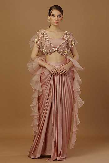 Buy Merge Design Pink Embroidered Blouse With Draped Dhoti Skirt Online ...