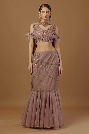Buy Merge Design Pink Tonal Embroidered Fish Cut Skirt Set Online | Aza ...
