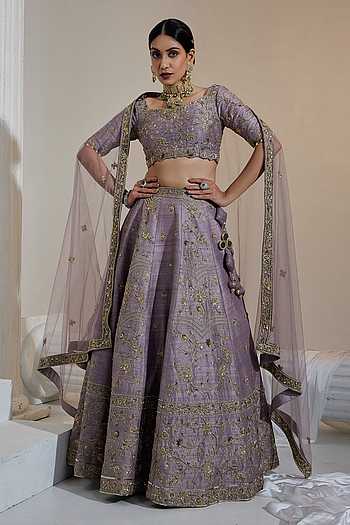 Buy Purple Pure Indian Raw Silk Embroidered Sequin Panelled Lehenga Set ...