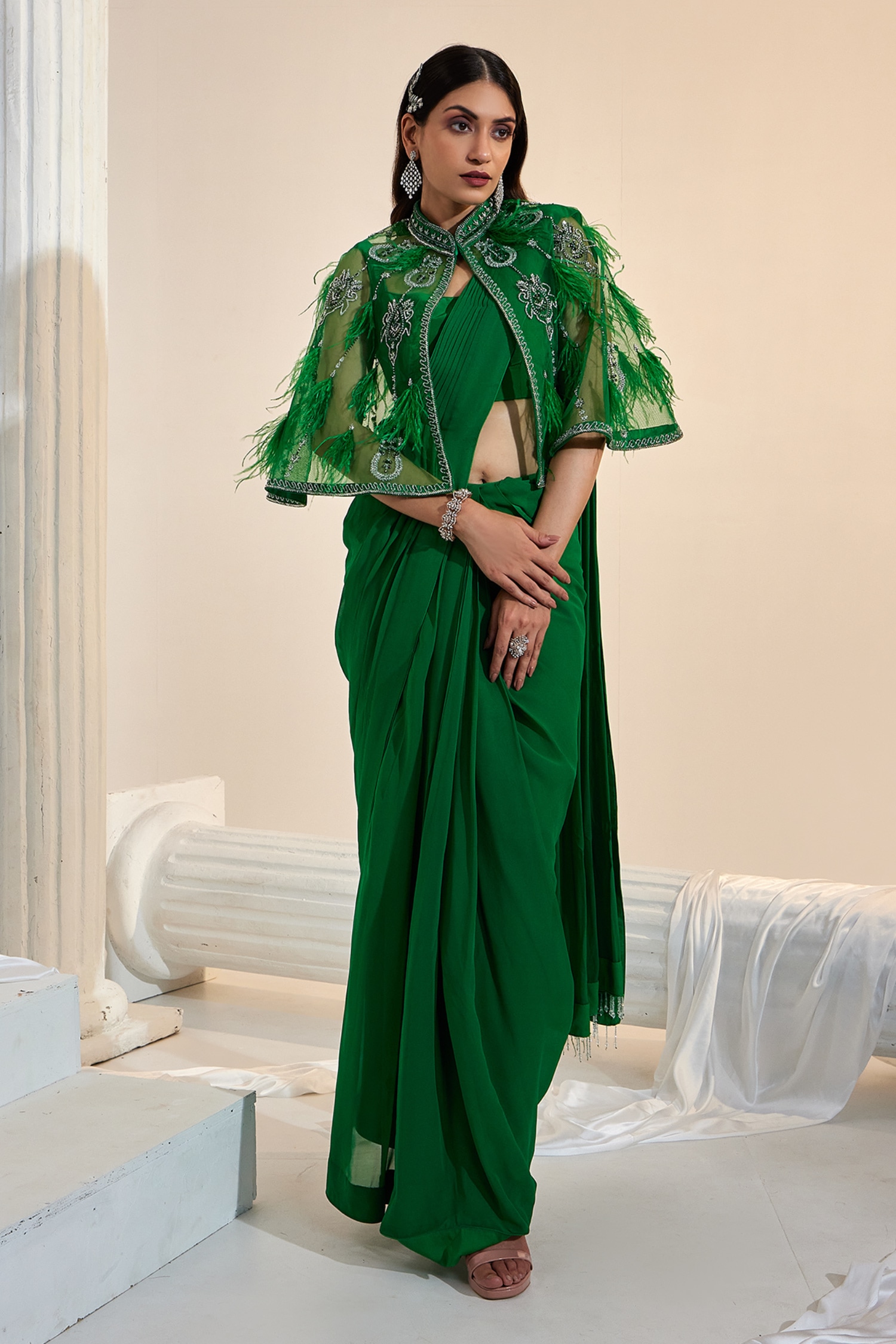 Buy Green Net Georgette Embroidered Pre-draped Saree Feather Cape Set ...