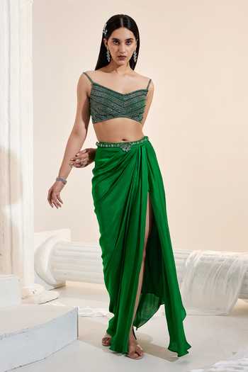 Buy Green Net Embroidered Sequin V Neck Blouse And Draped Skirt Set For ...