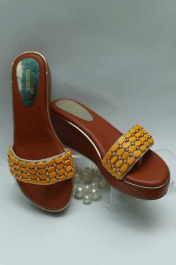 Buy Brown Embellished Stone Studded Strap Wedges by Foot Fuel Online at ...