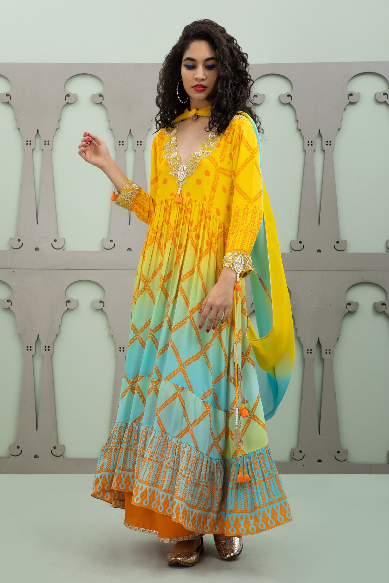 Buy Multi Color Crepe Embroidered Bidri Ombre Pattern Anarkali Pant Set ...