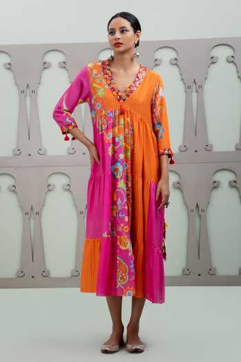 Buy Multi Color Cotton-silk Blend Gulaab Tiered Blossom Pattern Dress ...