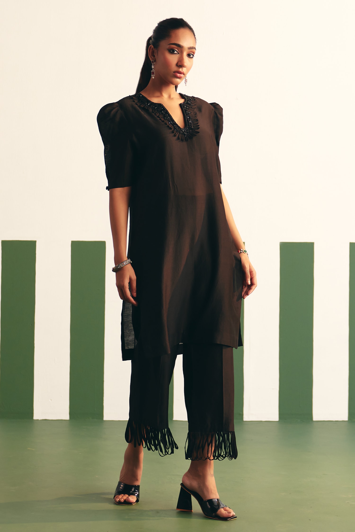 Buy Reeti Arneja Black Chanderi Darla Placement Embroidered Kurta With ...