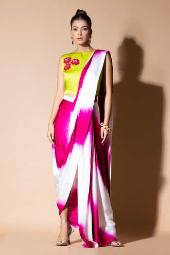 Buy Zeefaa Pink Modal Satin Pre-draped Saree With Hand Embroidered Crop ...