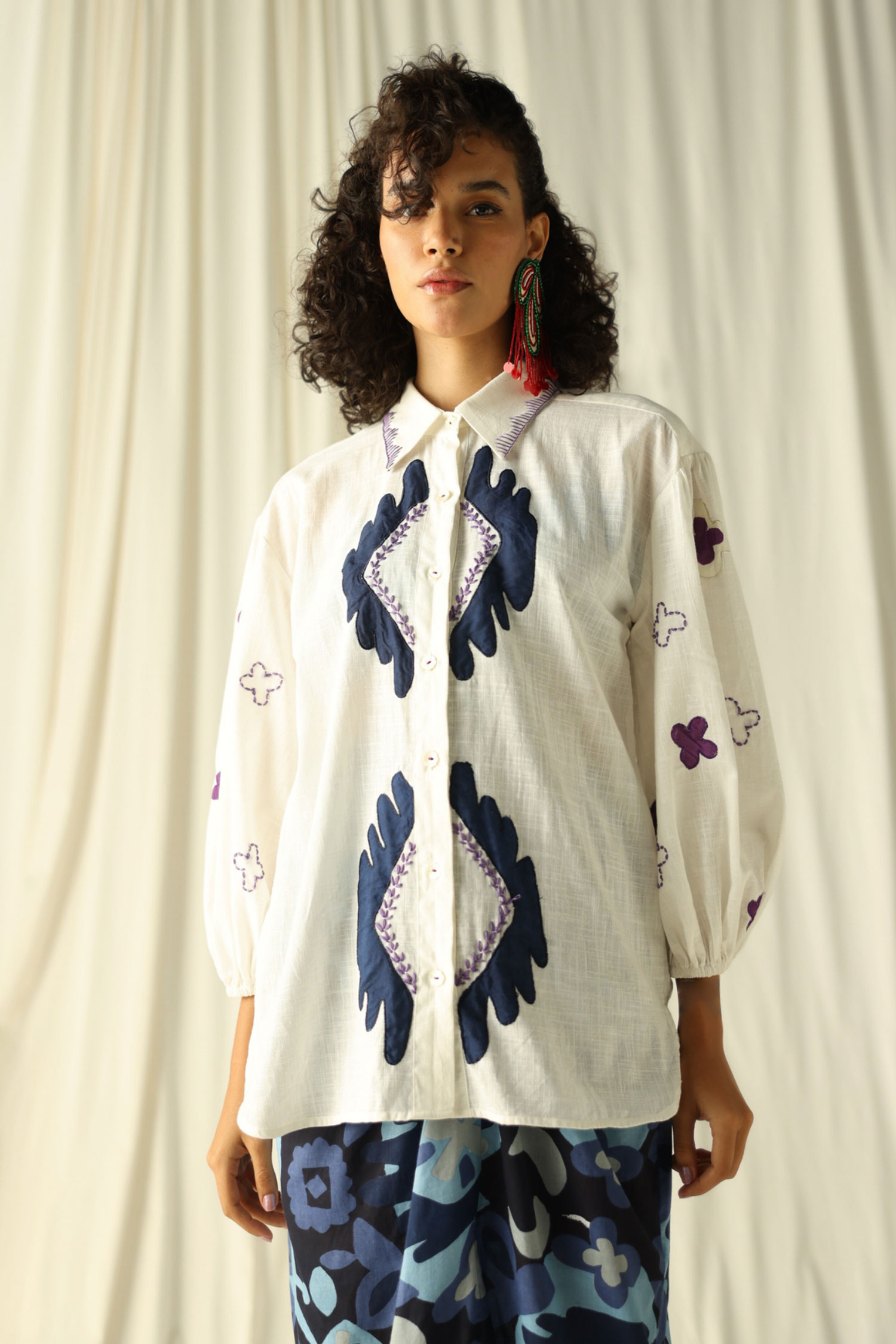 Buy White Slub Cotton Print Collar Una Applique Shirt For Women by Jodi ...