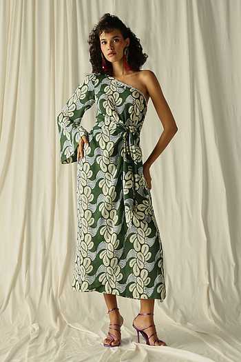 Buy Green Modal Printed Abstract One Shoulder Mandi Dress For Women by ...