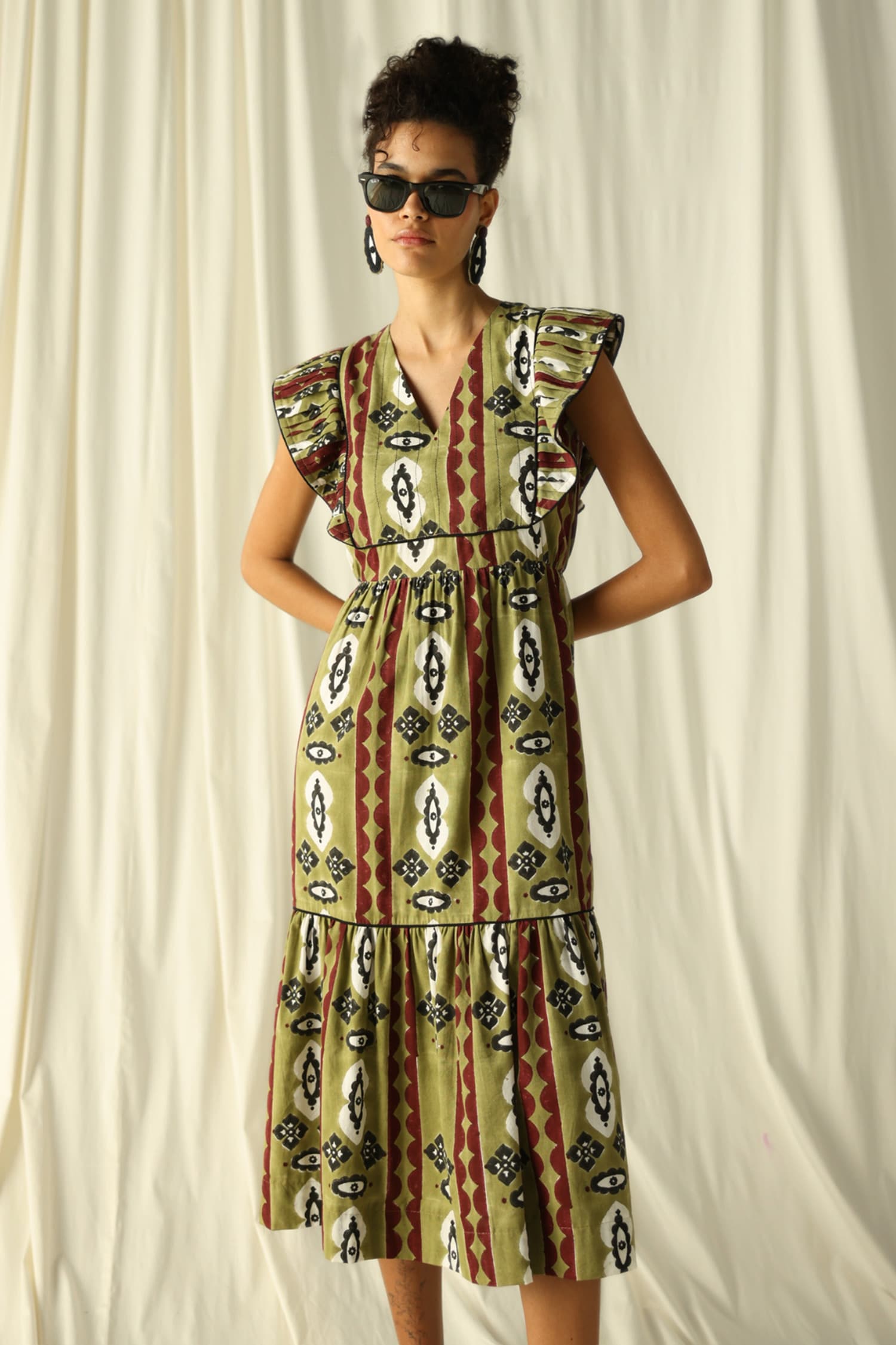 Buy Green Mangalgiri Printed Abstract V-neck Chamba Floral Dress For ...