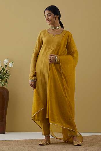 Buy Tashee Yellow Chanderi Sleeve Embroidered Kurta Pant Set Online ...