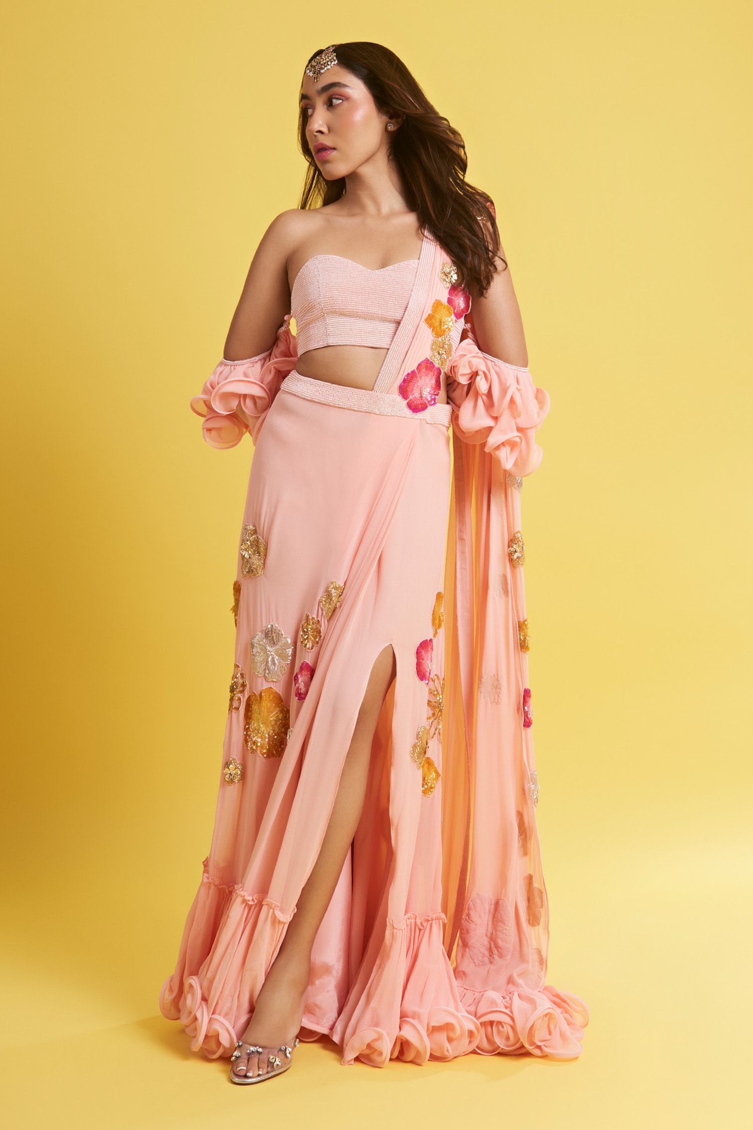 Buy Surily G Pink Georgette Pre-draped Floral Hand Embroidered Saree ...