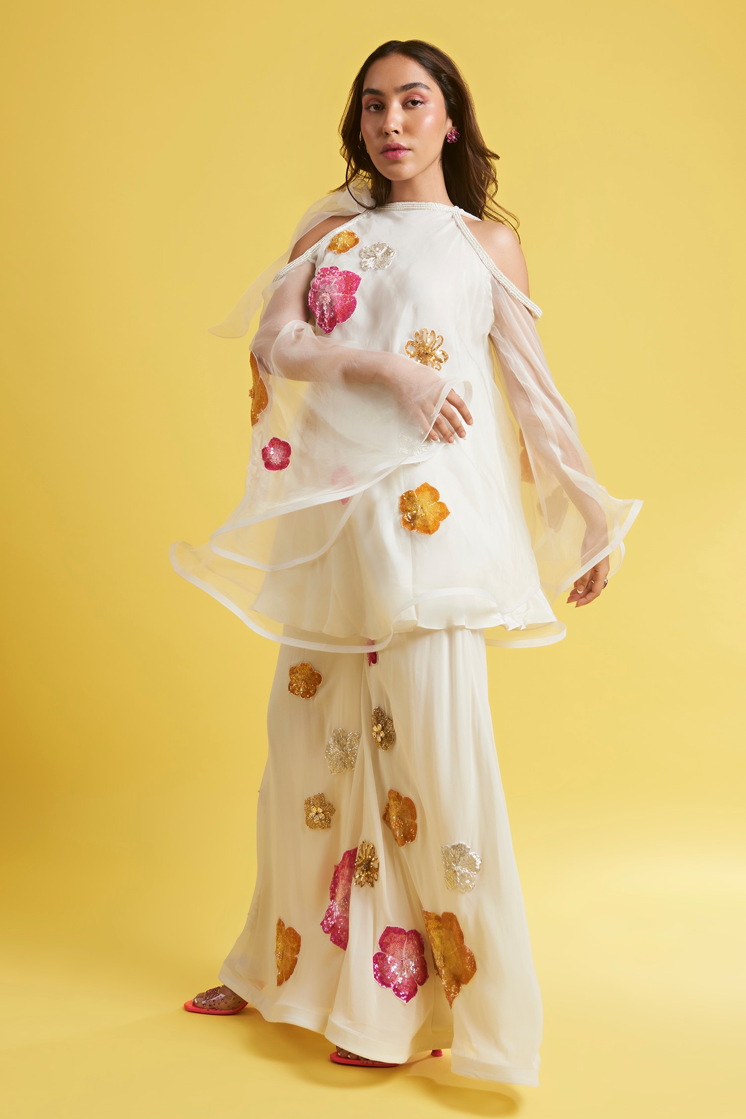 Buy Surily G Ivory Georgette Floral Applique Embroidered Sharara Online ...