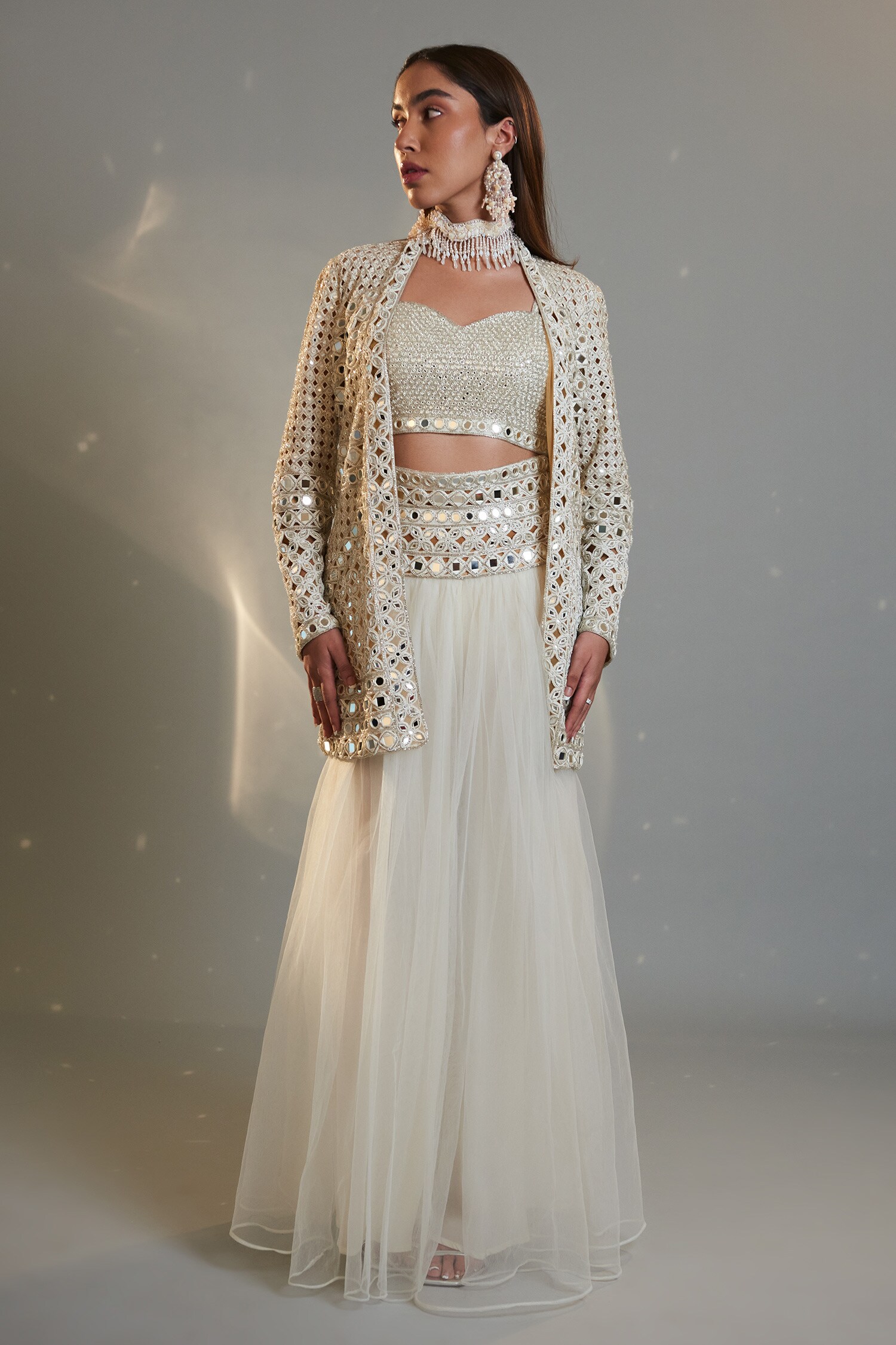 Buy Surily G Ivory Crepe Sheesha Embroidered Crop Top Online | Aza Fashions