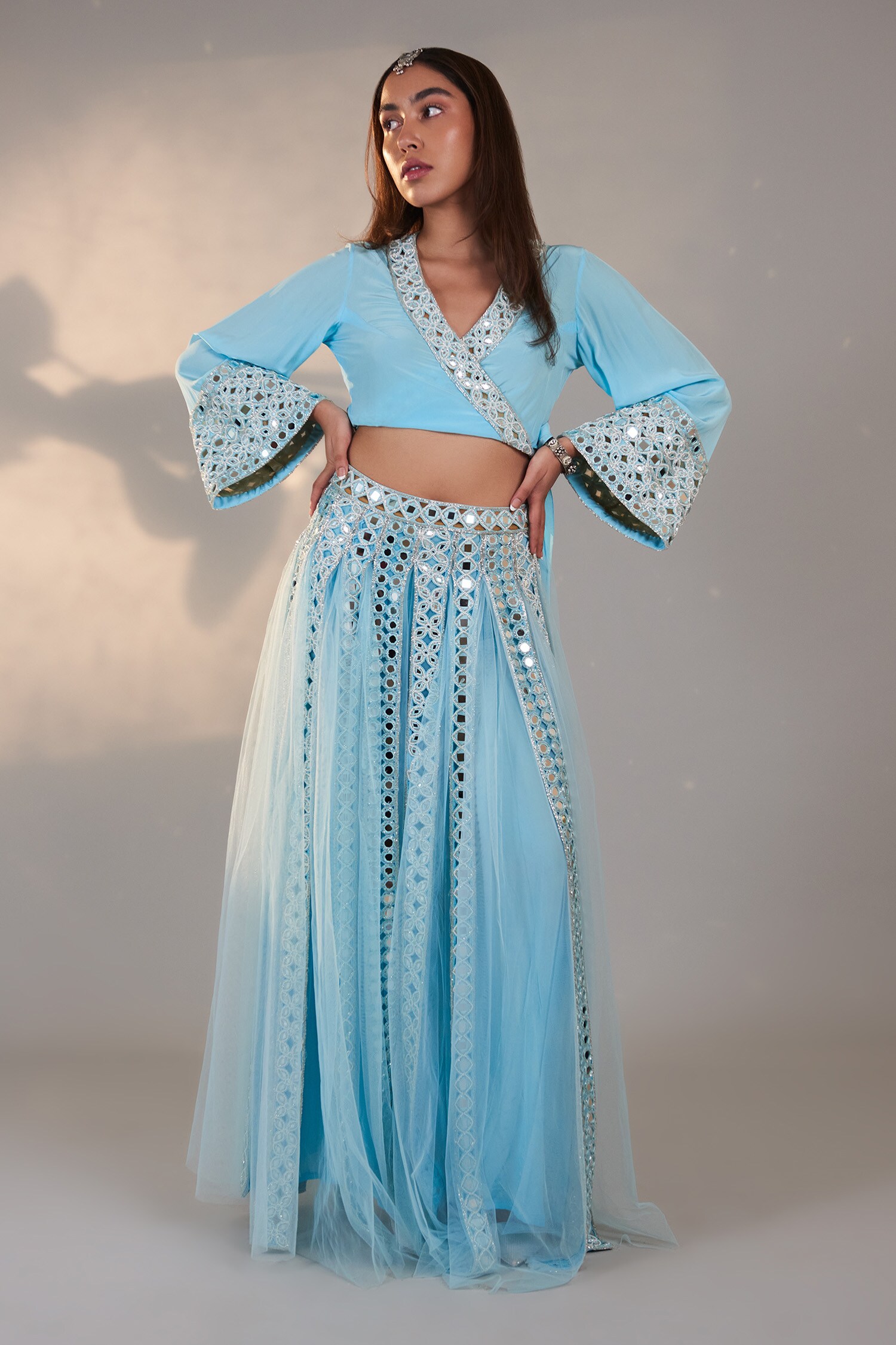 Buy Blue Crepe Embroidery Mirror Geometric Floral Jaal Sharara Pant For ...