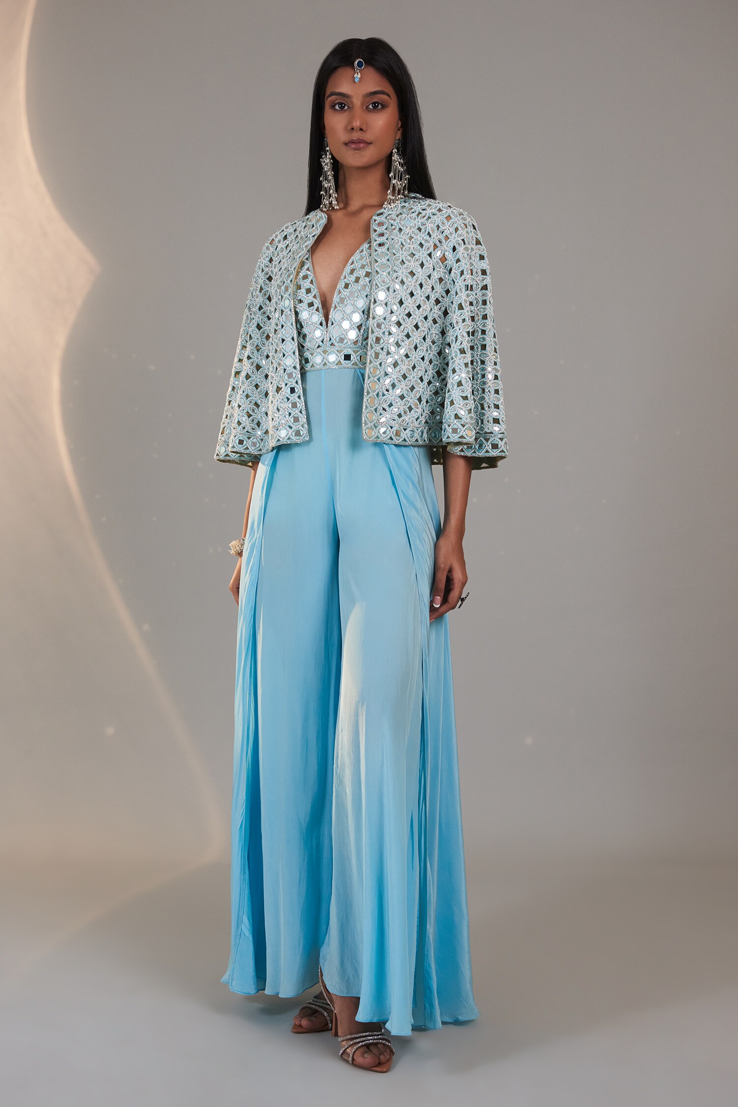 Buy Surily G Blue Crepe Shessha Embroidered V Neck Jumpsuit Online ...