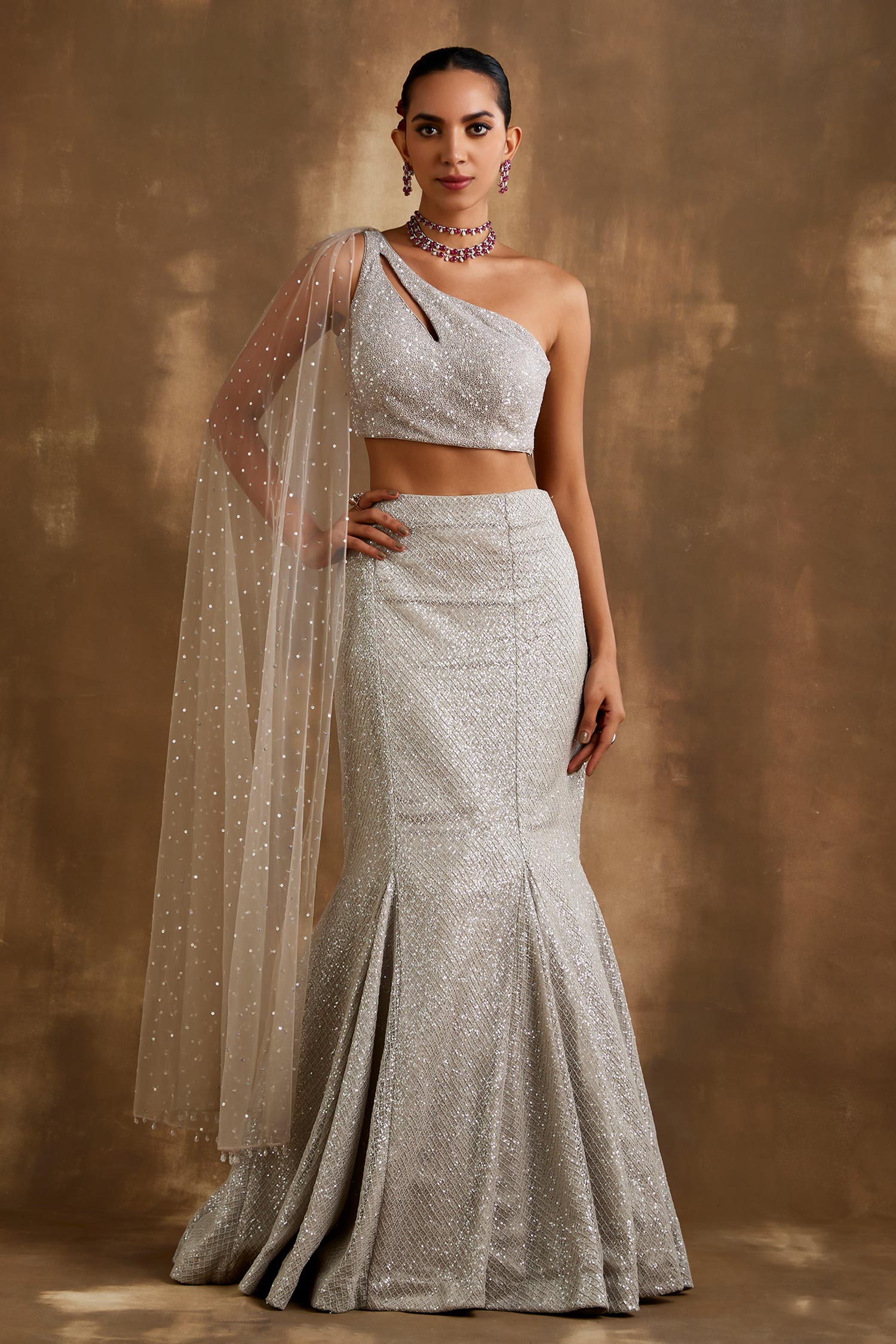 Buy Silver Lycra Embroidered Embellished Mermaid Lehenga With Blouse ...