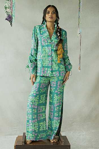 Buy Blue Bemberg Fine Silk Printed Abstract Munni Blazer And Pant Set ...